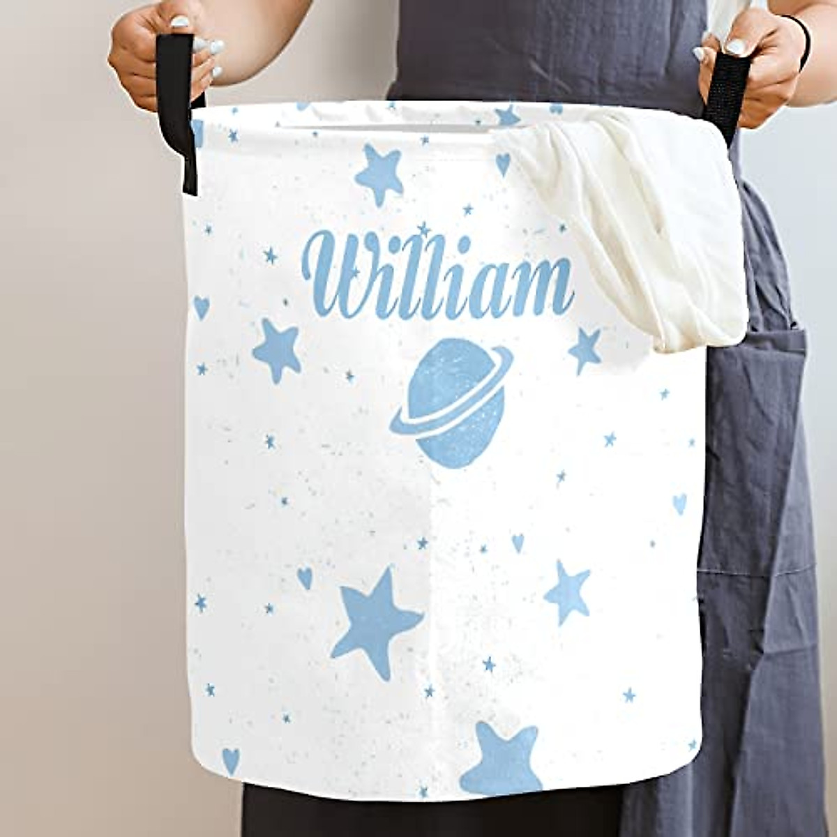 Star Planet Blue Personalized Foldable Freestanding Laundry Basket Clothes Hamper with Handle, Custom Collapsible Storage Bin for Toys Bathroom Laundry