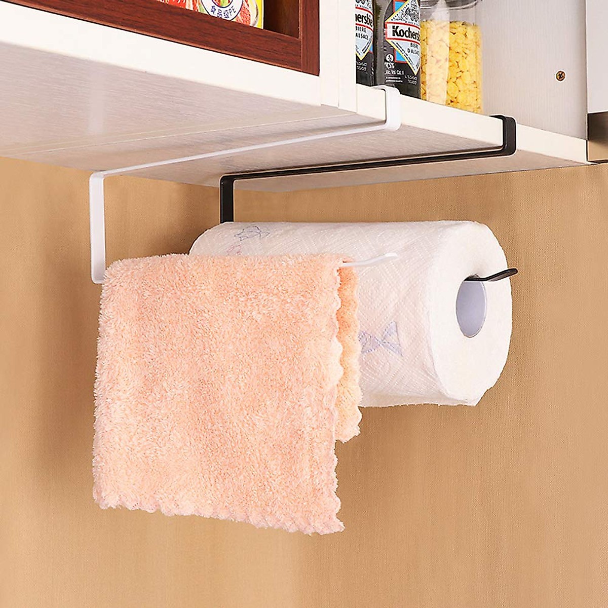 Usmascot Paper Towel Holder Dispenser Under Cabinet Paper Roll Holders (NO Drilling) for Kitchen Bathroom, Hanging Paper Towel Rack Hanger Over the Door, Humanized Design (White)