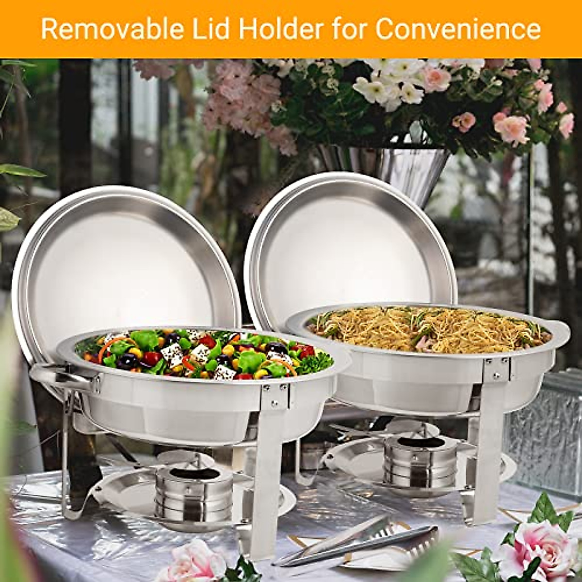 ROVSUN 5 Qt 2 Pack Chafing Dish Buffet Set,Stainless Steel Round Chafers for Catering, Buffet Servers and Warmers Set with Lid Holder & Drip Tray for Wedding Party Banquet Graduation