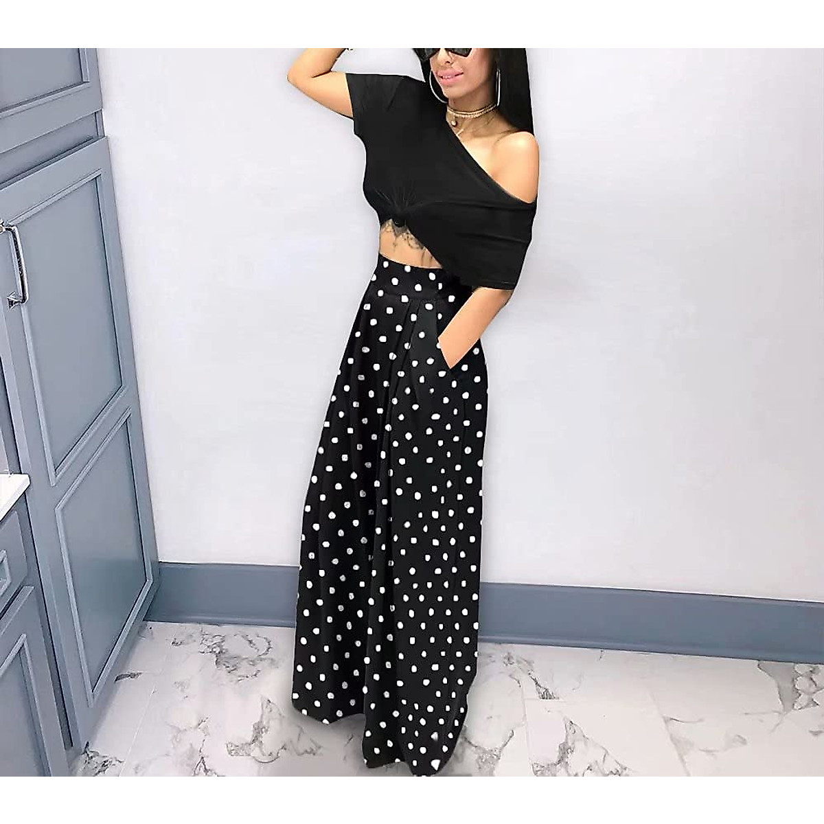 LROSEY Polka Dot Palazzo Pants for Women with Slant Pocket Pleat Wide Leg Straight Trousers