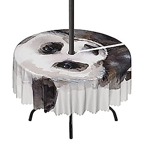 Lirduipu Animal Pattern Round Outdoor Tablecloth,Stain-Resistant Non-Slip Outdoor Round Tablecloth with Umbrella Hole and Zipper,for Patio Garden Tabletop Decor(52" Round,White Beige Black)