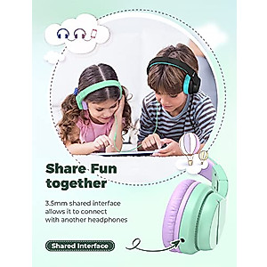 iClever HS19 Kids Headphones with Microphone for School, Volume Limiter 85/94dB, Over-Ear Girls Boys Headphones for Kids with Shareport, Foldable Wired Headphones for iPad/Fire Tablet/Travel, Green