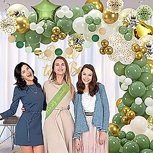 GYESXYW Sage Green Party Decorations, Olive Green and Gold Birthday Decorations Happy Birthday Banner, Birthday Sash and Gold Confetti Balloons for Men Women Boys Girls Baby Shower Birthday Supplie