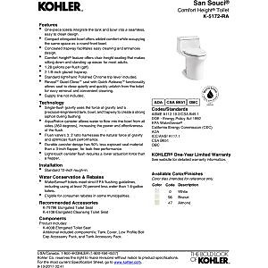 KOHLER K-5172-RA-0 San Souci Comfort Height Toilet, 25.31 x 16.38 x 27.75 inches, White