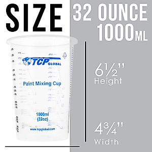 TCP Global 32 Ounce (1000ml) Disposable Flexible Clear Graduated Plastic Mixing Cups - Box of 25 Cups - Use for Paint, Resin, Epoxy, Art, Kitchen, Cooking, Baking - Measuring Ratios 2-1, 3-1, 4-1, ML