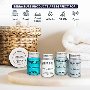 Terra Pure White Tea & Coconut Toiletries Set | 1-Shoppe Amenities Kit | 1oz Liquids, 1.25oz Bar Soap | Hotels, Airbnb & Rentals | 75 Pieces