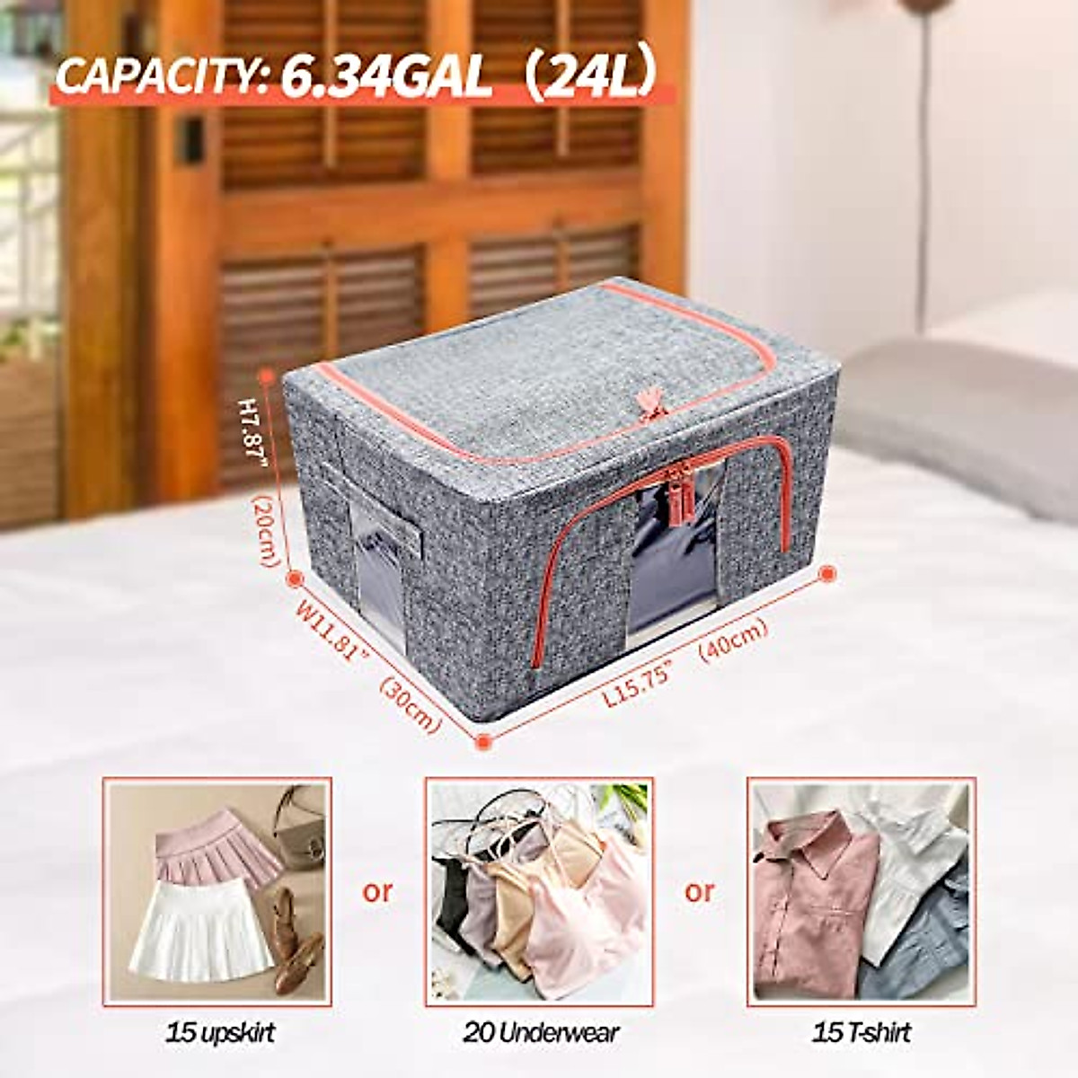 PoPThinG Metal Support Clothes Storage Bag. Organizer box with Support, Hard Bottom, Sturdy Handle, Durable Zipper. Suitable for Clothes, Underwear, Towel. 2 Pack/ 6.34gal /Grey