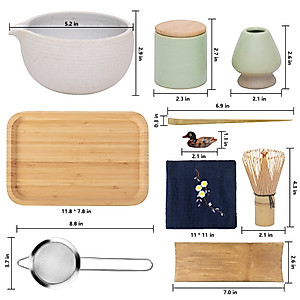 Artcome Japanese Matcha Tea Set, Matcha Bowl with Pouring Spout, Tea Tray, Bamboo Whisk, Ceramic Whisk Holder, Handmade Matcha Ceremony Kit For Japanese Tea Ceremony (10Pcs)