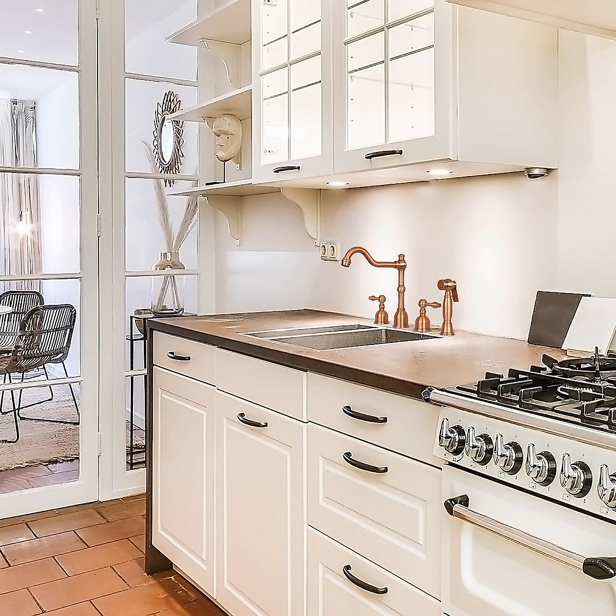 Two-Handles Copper Widespread Kitchen Faucet with Side Sprayer - 8.3 * 9.8"