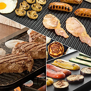 Cast Iron Reversible Grill/Griddle Set with Press, Scraper & Mitts - Pre-Seasoned, Non-Stick - 16.75" x 9.5" - Gas Stove, Grill, Camping, Indoor and Outdoor Cooking