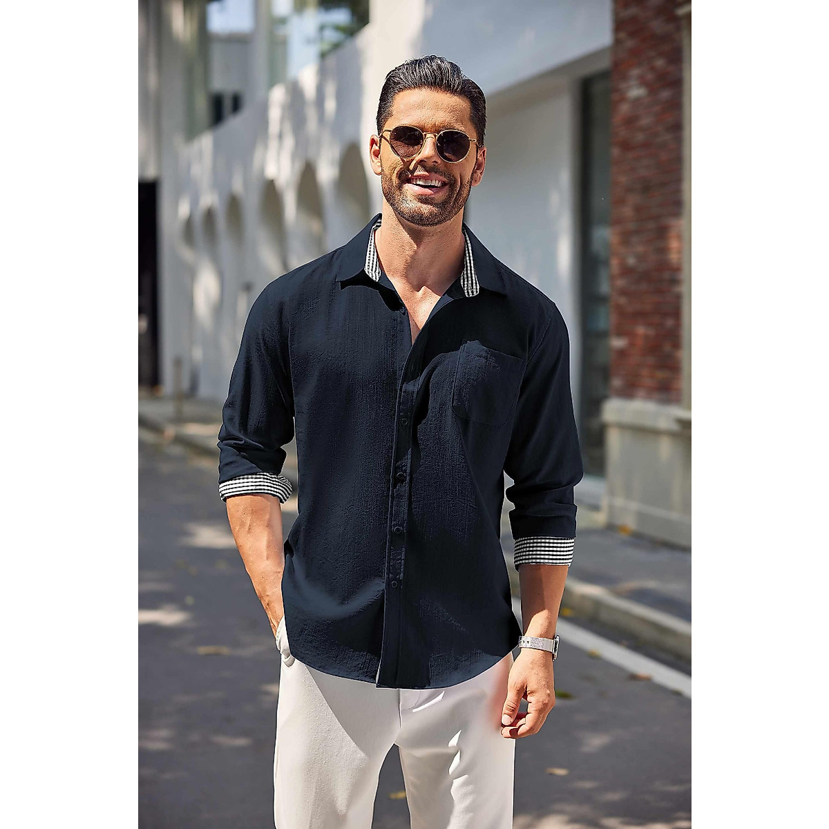 COOFANDY Mens Casual Shirts Long Sleeve Button Up Dress Shirts for Men Linen Beach Wedding Shirts, Navy Blue, XX-Large