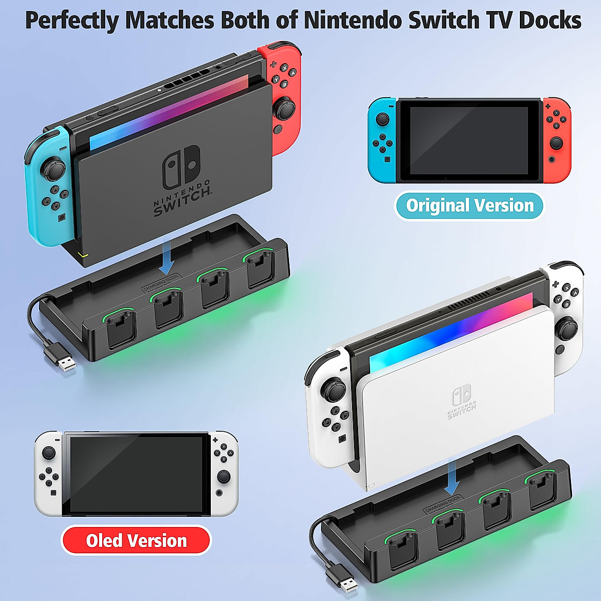 Switch Charging Dock Station with Charging Cable for Nintendo & Switch OLED Game Console, Joycon Charging Dock for Nintendo Switch, Must Have Switch Controller Joycon Charger Accessories for Gamer