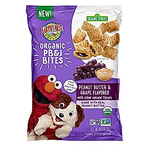 Earth's Best Organic Kids Snacks, Sesame Street Toddler Snacks, Organic PB&J Bites for Toddlers 2 Years and Older, Peanut Butter and Grape Flavored with Other Natural Flavors, 3 oz Bag