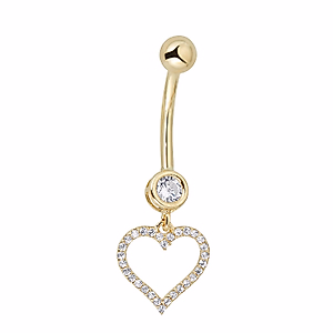 AVORA 10K Yellow Gold Simulated Diamond CZ Open Heart Dangling Belly Button Ring Body Jewelry (14 Gauge)