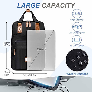 Kasqo Backpack for Women Men, 15.6" Large Capacity Water Resistant Laptop Bookbag Fashion School Bag with USB Charging Port for College Travel Work, Black