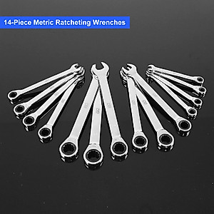 Prostormer 14-Piece Ratcheting Wrench Set, 6-19mm Metric Chrome Vanadium Steel Ratchet Wrenches, Combination Ended Spanner Kit with Storage Case
