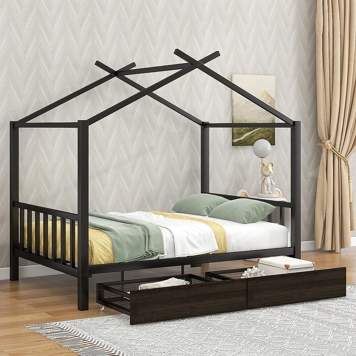 CITYLIGHT Full Size House Bed for Kids, Metal Full Platform Bed Frame with 2 Storage Drawers, Roof, Headboard and Footboard, Full Storage Canopy Bed for Kids, Girls & Boys, Black