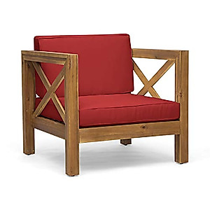 Great Deal Furniture Indira Outdoor Acacia Wood Club Chair with Cushion, Teak Finish and Red
