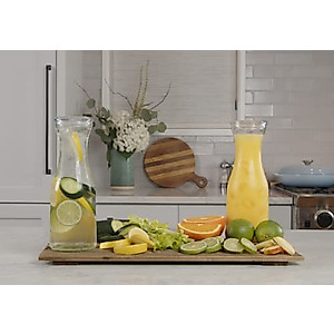 AYL Set of 2 Glass Carafe with Lids, 32 Oz Water Pitcher Beverage Serveware Carafe, Clear Glass Pitcher for Mimosa Bar, Cold Water, Brunch, Wine, Juice, Milk, Iced Tea, Lemonade,1 Hand Pour Lid