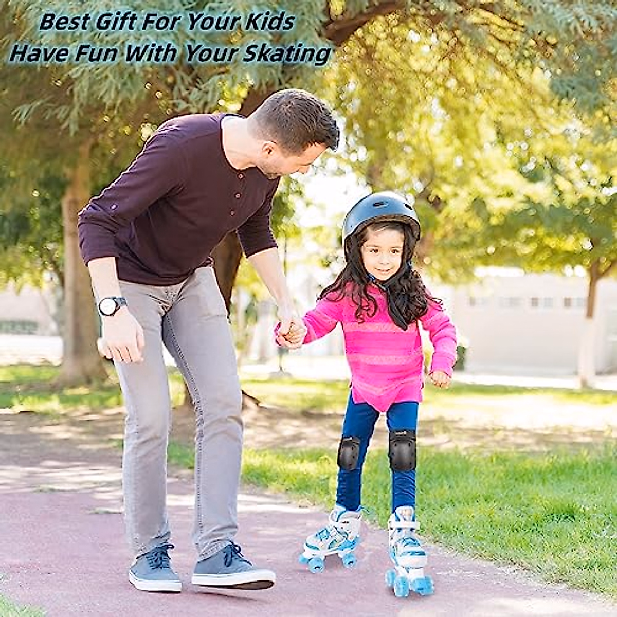 Nattork Girls Roller Skates for Kids Toddler, 4 Size Adjustable Rainbow Quad Skates with Light up 8 Wheels,Gift for Boys Kids Beginners Indoor Outdoor Blue S