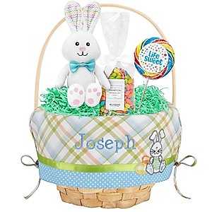 Let's Make Memories Personalized Easter Basket - Create Your Own - Wicker Basket - Embroidered Liner - Large - Blue Bunny Applique