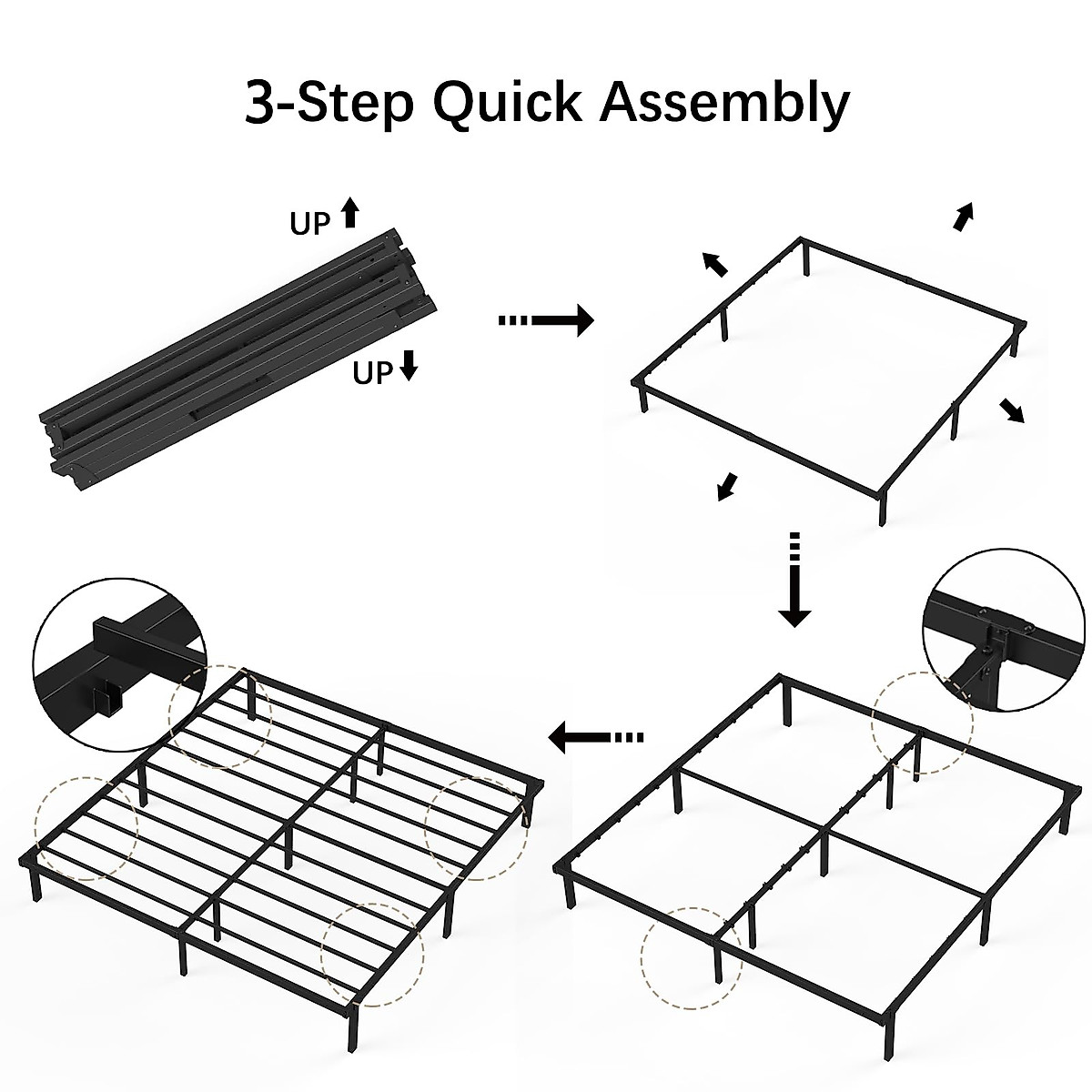 Flolinda Foldable King Bed Frame Metal Platform Bed 10 Minutes Quick Assembly Steel Slats 11 Feet Support No Box Spring Needed 14inch Black