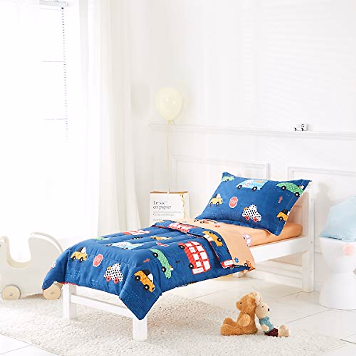 Boys Toddler Bedding Set Navy with Colorful Cars Includes 1 Boys Comforter, Flat Sheet, Fitted Sheet and Pillowcase