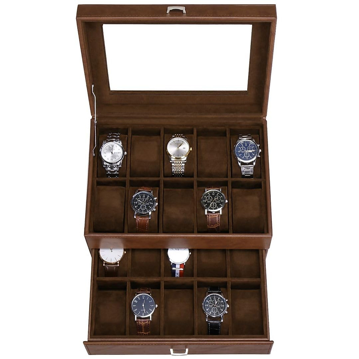 BEWISHOME 20 Slot Watch Box for Men Watch Case, Watch Display Case with Real Glass Lid, 2 Layers Watch Holder Organizer, Metal Hinge, Brown Leather SSH24Z
