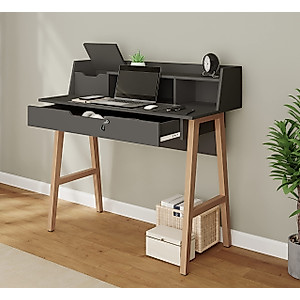 Modern Design Roma Small Desk for Bedroom, 40 inch Black Writing Desk with Hutch and Locking Drawer, by Crafts and Comfort