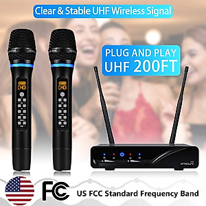 KITHOUSE J10 Wireless Microphone Karaoke System Rechargeable, UHF Metal Cordless Microphone Handheld with Volume Echo Treble BASS Control and Receiver Box for Singing Karaoke Speech Meeting