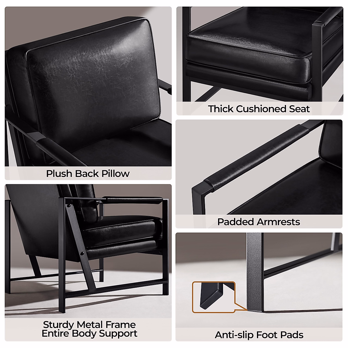 Yaheetech PU Leather Armchair, Retro Leisure Accent Chair with Extra Soft Padded and Cushion, Modern Reading Arm Chair with Black Metal Frame for Living Room/Office/Bedroom/Study Black