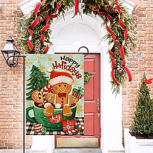 Dyreson Merry Christmas Joy Coffee Gingerbread Man Decorative Garden Flag, Xmas Happy Holiday Buffalo Plaid Check Yard Outside Decorations, Winter Farmhouse Outdoor Small Decor 12x18