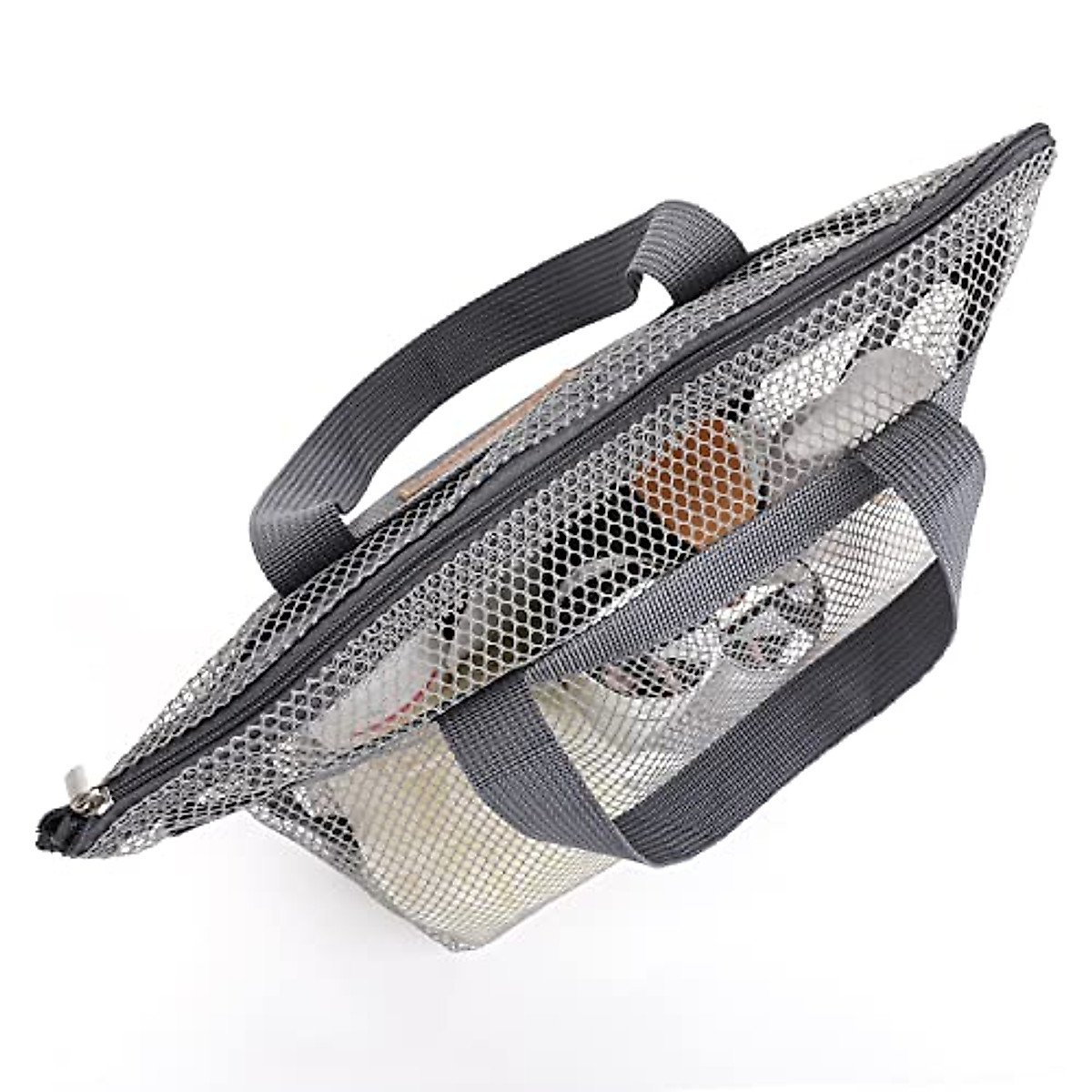 Grevosea Mesh Shower Caddy, Portable Shower Bag Quick Dry Shower Tote Bag with Zipper & 2 Pockets for College Dorms Gym Swimming Beach Travel Sports Games 10.6 * 7.8 Inch (Grey)