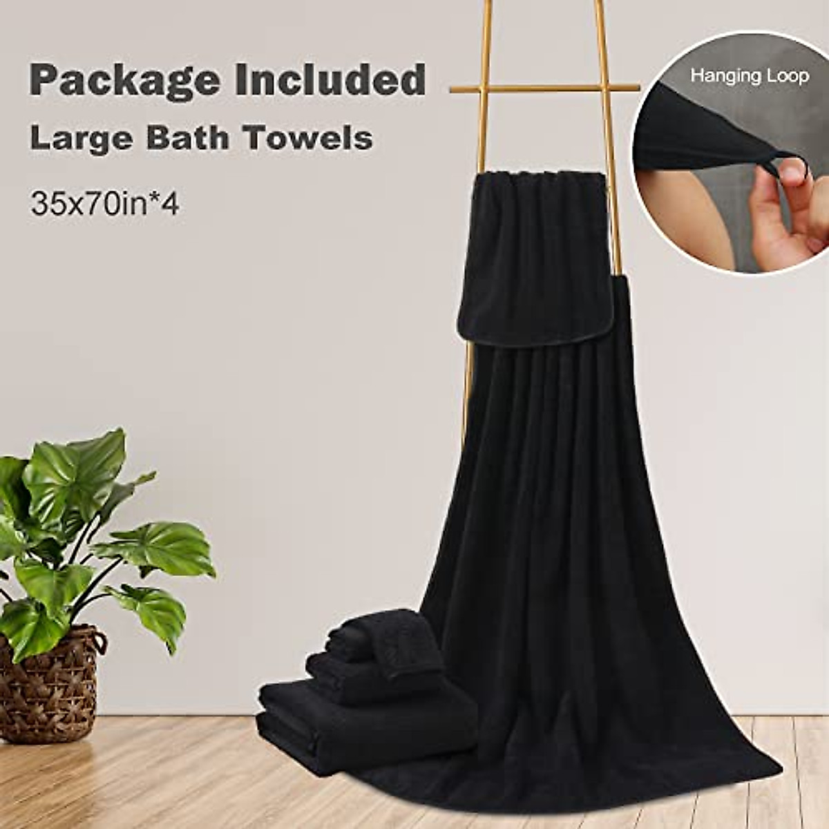 Junsey Bathroom Towels Set of 4, 35x70 Inches Extra Large Bath Towels Oversized 600 GSM Shower Towels Quick Dry Ultra Soft Absorbent Bath Towels Sheet for Bathroom Hotel Spa Black