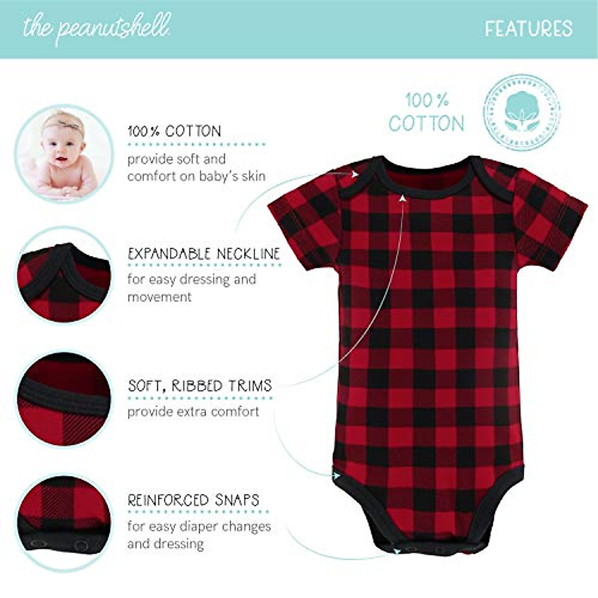 The Peanutshell Short Sleeve Baby Bodysuits Set for Boys or Girls - Woodland Animal & Buffalo Plaid - 5 Pack Set (18M)