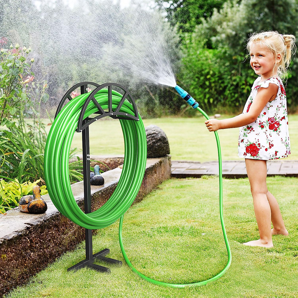 Keten Garden Hose Holder, 4 Spikes Freestanding Outdoor Hose Stand, Heavy Duty Water Hose Holder Rack and Storage Organizer for Lawn/Yard/Garden