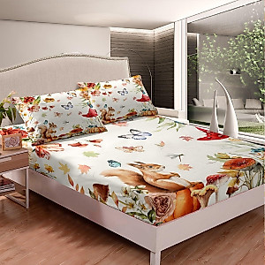 Erosebridal Cute Squirrel Comforter Set Full Size for Girls Women Fall Decor Sheet Set Thanksgiving Day Gifts Fitted Sheet Fall Season Flat Sheet 4 Piece Lovely Butterfly Mushroom Floral Sheets