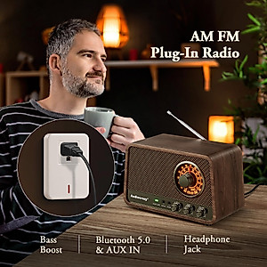 Audiocrazy AM FM Radio Retro Table Top Radio with Bluetooth Speaker,Vintage Wooden Finish Radio Plug in Wall for Home, Office,Aux in, Headphone Jack, Bass Control