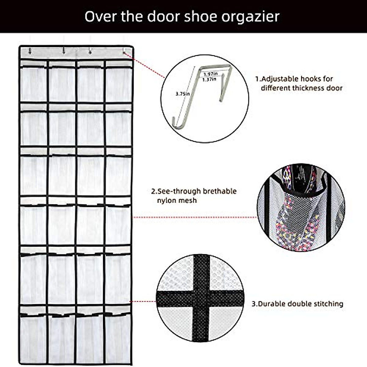 SAVERHO Over The Door Shoe Organizer, Hanging Shoe Organizer with 24 Mesh Large Pockets Door Shoe Rack Organizer for Men Women Kids Hanging Shoe Storage Bag.(White)