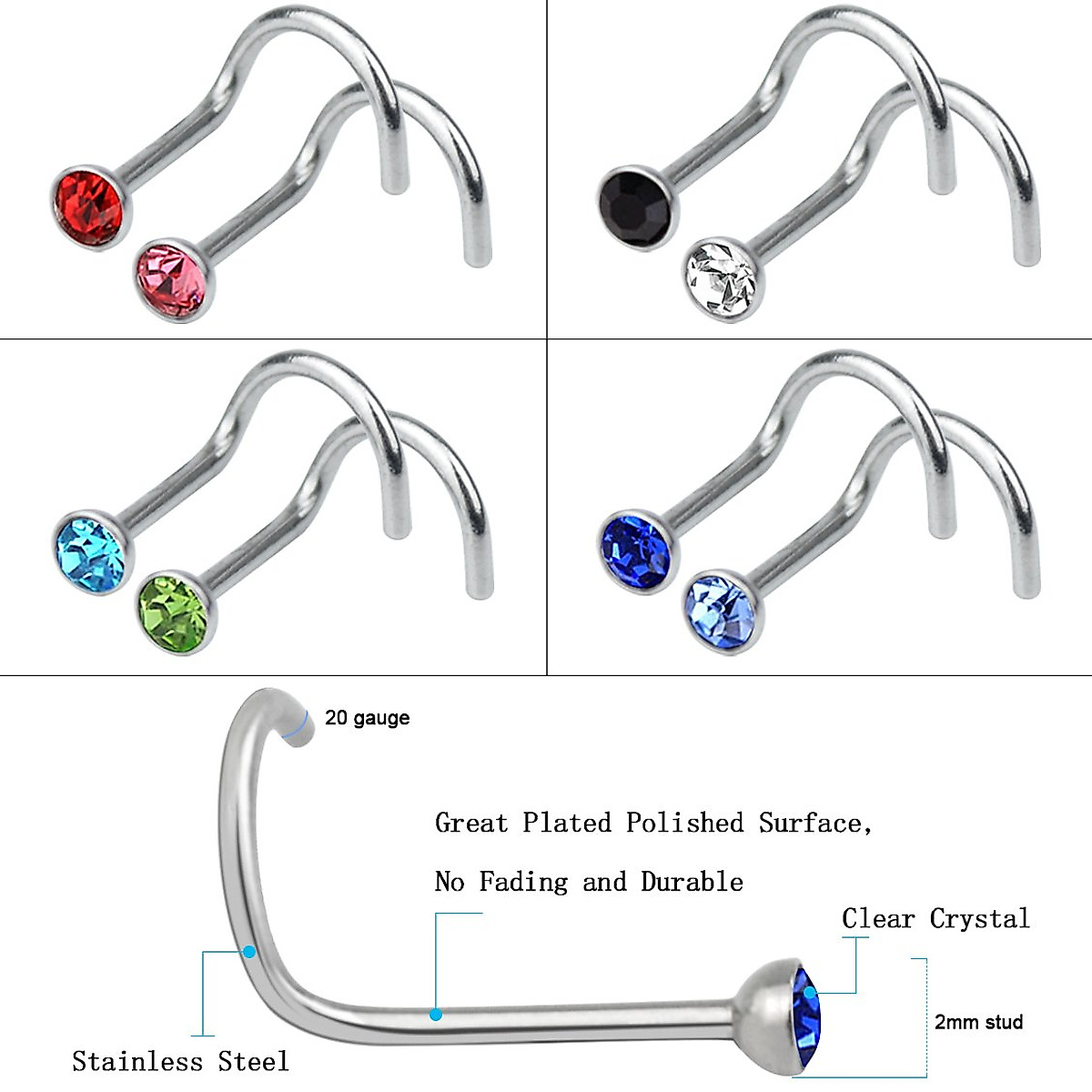 Rbenxia 20G 316L Nose Studs Rings 2.2MM Rhinestone Stainless Steel Nose Body Piercing Rings 20 Pcs Random Color for Unisex