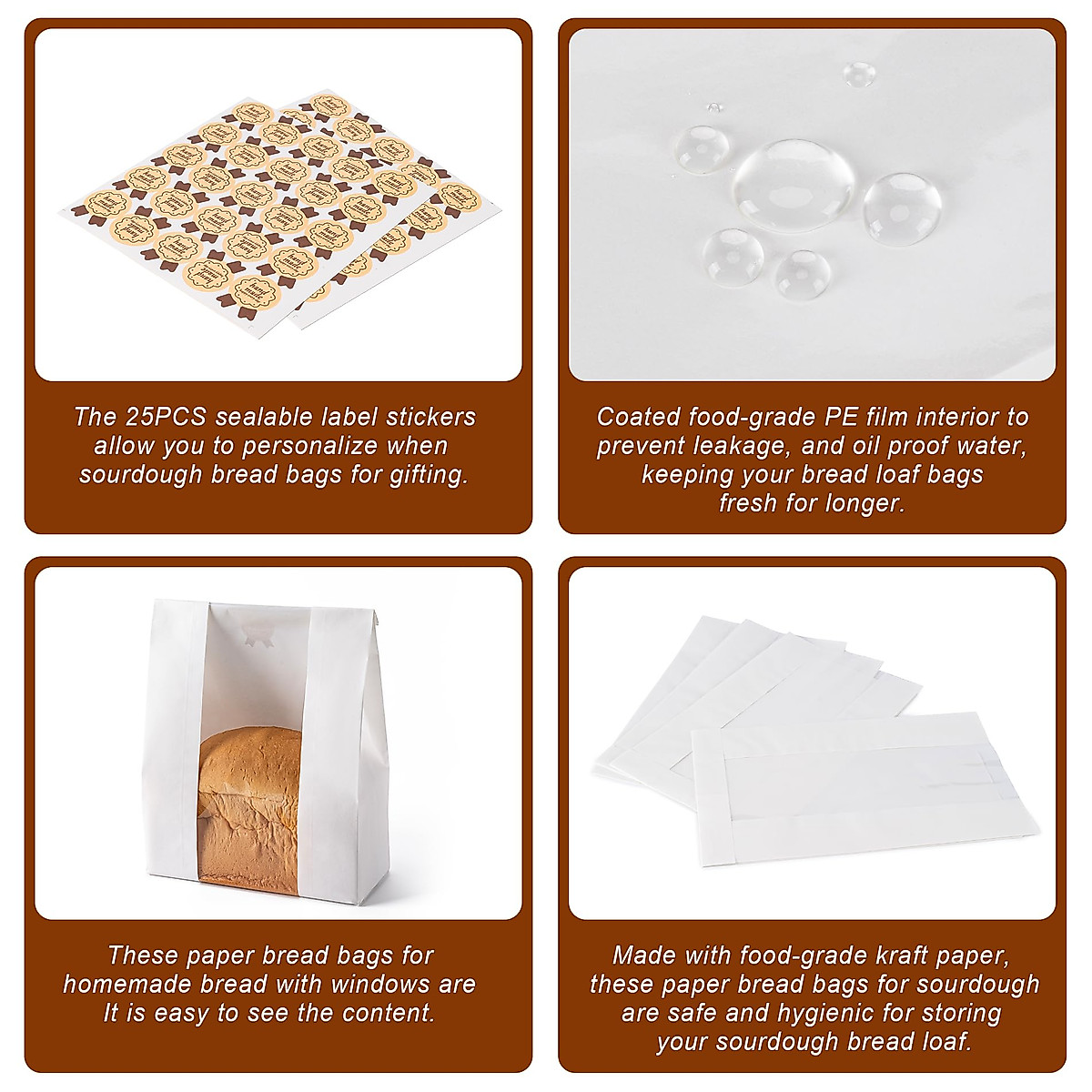 25PCS Paper Bread Bags-White, Sourdough Bread Bags for Homemade Bread, Large Bakery Bags with Window Includes 25PCS Label Seal Stickers for Homemade Bread Storage(13.7x8.3x3.5 inch)