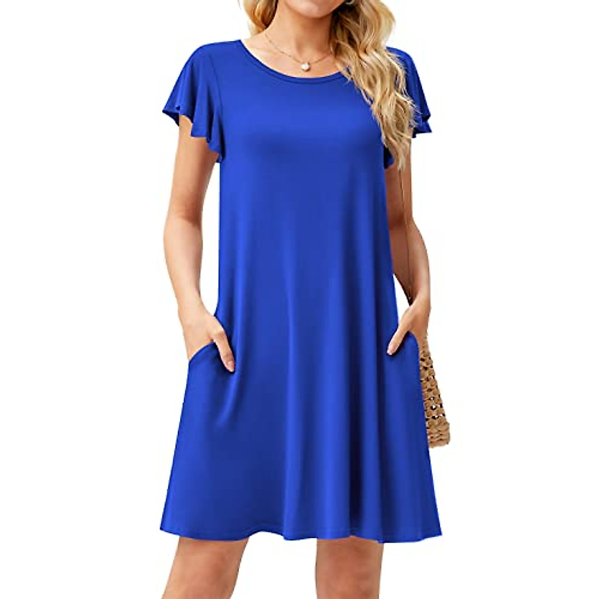 Askyes Womens Summer Dresses Casual Short Sleeve Flowy Hem Swing Sundress Fashion Tshirt Dress with Pockets,Royal Blue,M