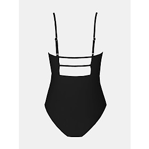 CUPSHE Women's One Piece Swimsuit Square Neck Cutout Back Tummy Control Adjustable Straps Striped Swimwear, L Black