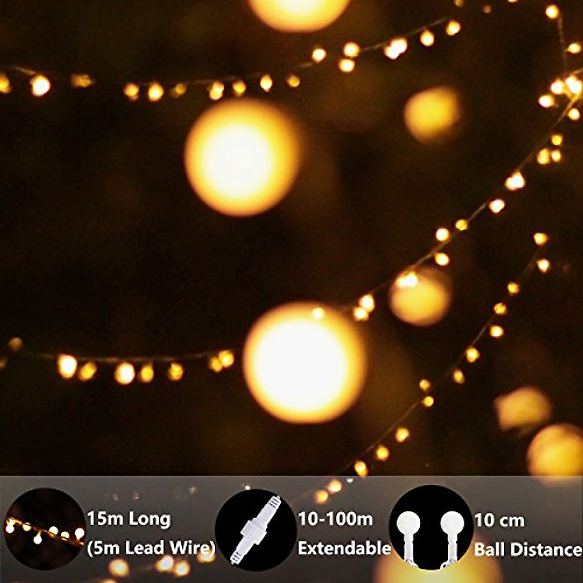 LED Globe String Lights, 100 LED Warm White Globe String Lights Plug in, Waterproof Globe Lights for Indoor and Outdoor, Ideal for Home, Wedding Party, Christmas, Balcony, 49ft Extendable Globe String