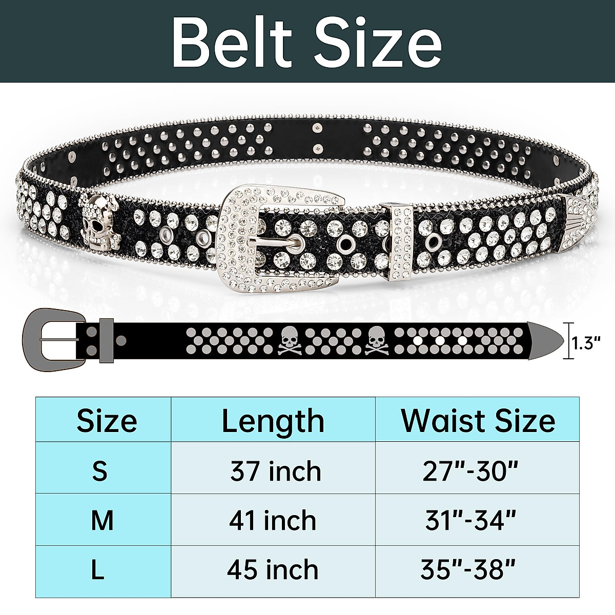 macoking Mens Rhinestone Belt Womens Y2K Bling Skull Western Belts for Jeans, Black, L