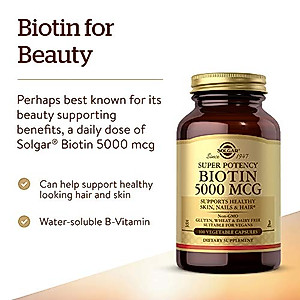 Solgar Biotin 5000 mcg, 100 Veg Caps - Promote Healthy Skin, Nails & Hair - Supports Energy Production, Protein, Carbohydrate & Fat Metabolism - Vitamin B - Non GMO, Vegan, Gluten Free - 100 Servings