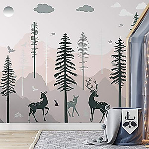 Nursery Wall Decal Forest Deer Pine Trees Wall Decal Woodland Vinyl Wall Sticker for Kids Babies Room Nursery Decoration (15.7 x 35.4 Inch)