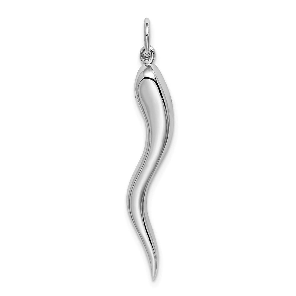 14k White Gold Solid 3-Dimensional Large Cornicello Italian Horn Protection Charm Pendant - 40mm x 5mm