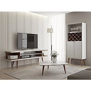 Manhattan Comfort Utopia Collection Mid Century Modern TV Stand With Open 3 Open Shelves and Two Open Cubbies, White/Wood