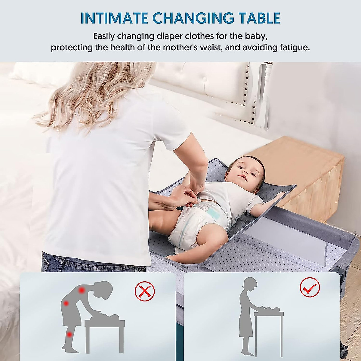 Bellababy Bedside Bassinet, Bedside Sleeper, Bedside Crib with Changing Table, Easy Folding Portable Crib, Adjustable Portable Bed for Infant/Newborn (Dark Grey)